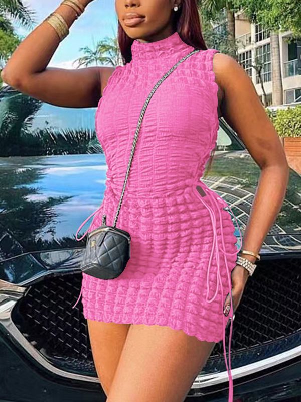 Best price for Summer Stacked Mini Dress Women Sexy Solid Mock Neck ...