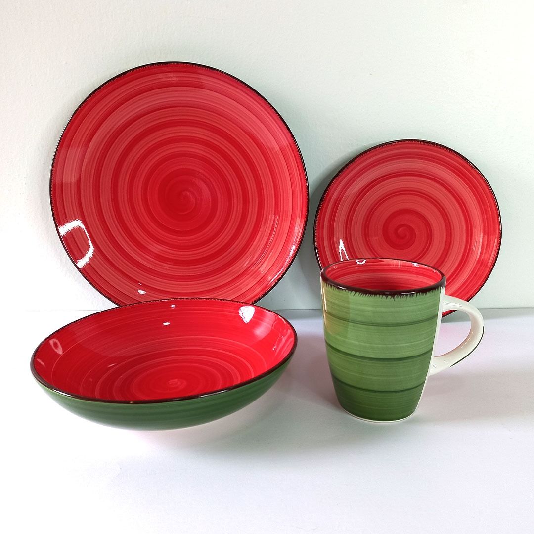 Best price for 16-Piece Ceramic Dinner Set – Elegant Red & Green Swirl ...