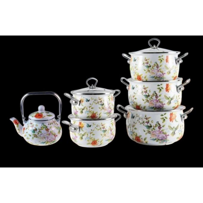 Best price for 12 pcs Enamel Cookware Sets with Kettle Unique Flowered ...