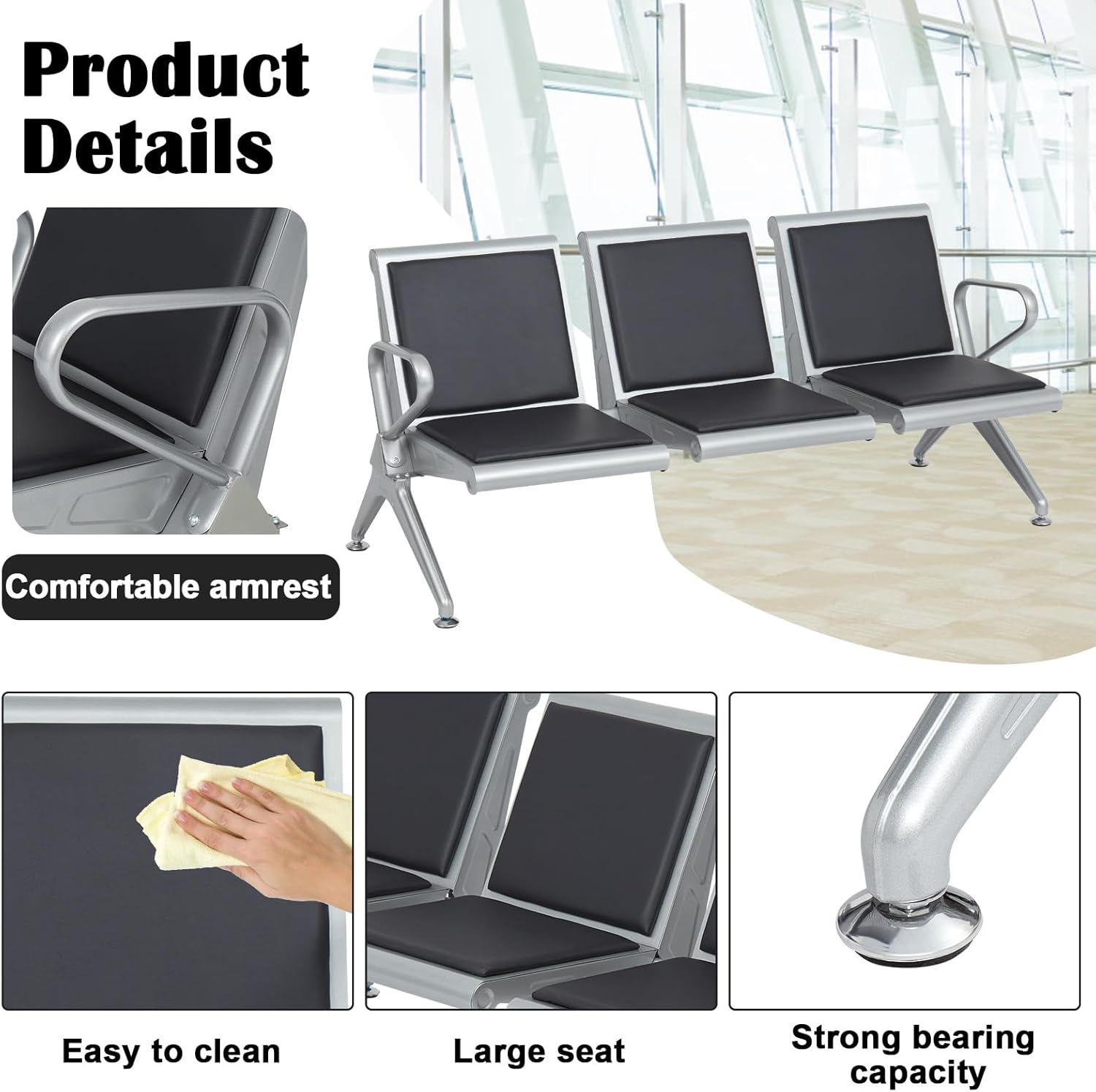 Best price for 3 Seater Hardened steel school/Hospitals/Office Padded ...