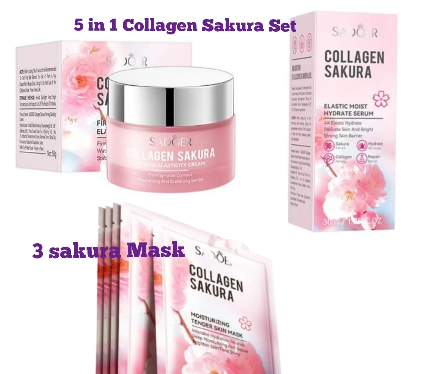 Best price for SADOER 5 in 1 Sakura Glow Set Cream+Serum Essence+3 Masks Organic Sakura ...