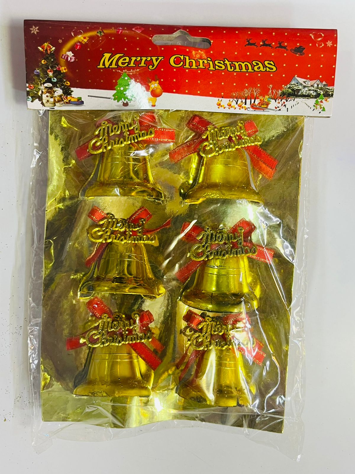 Best price for six gold-toned Christmas bells with red ribbons for ...