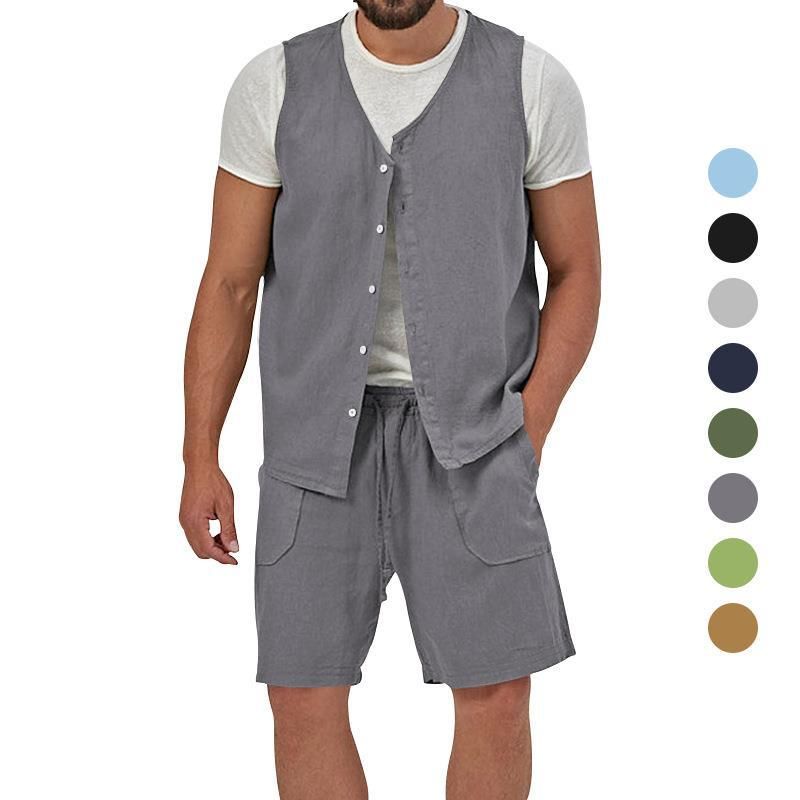 Best price for Cotton Linen Two Piece Set Summer Mens Solid Causal ...